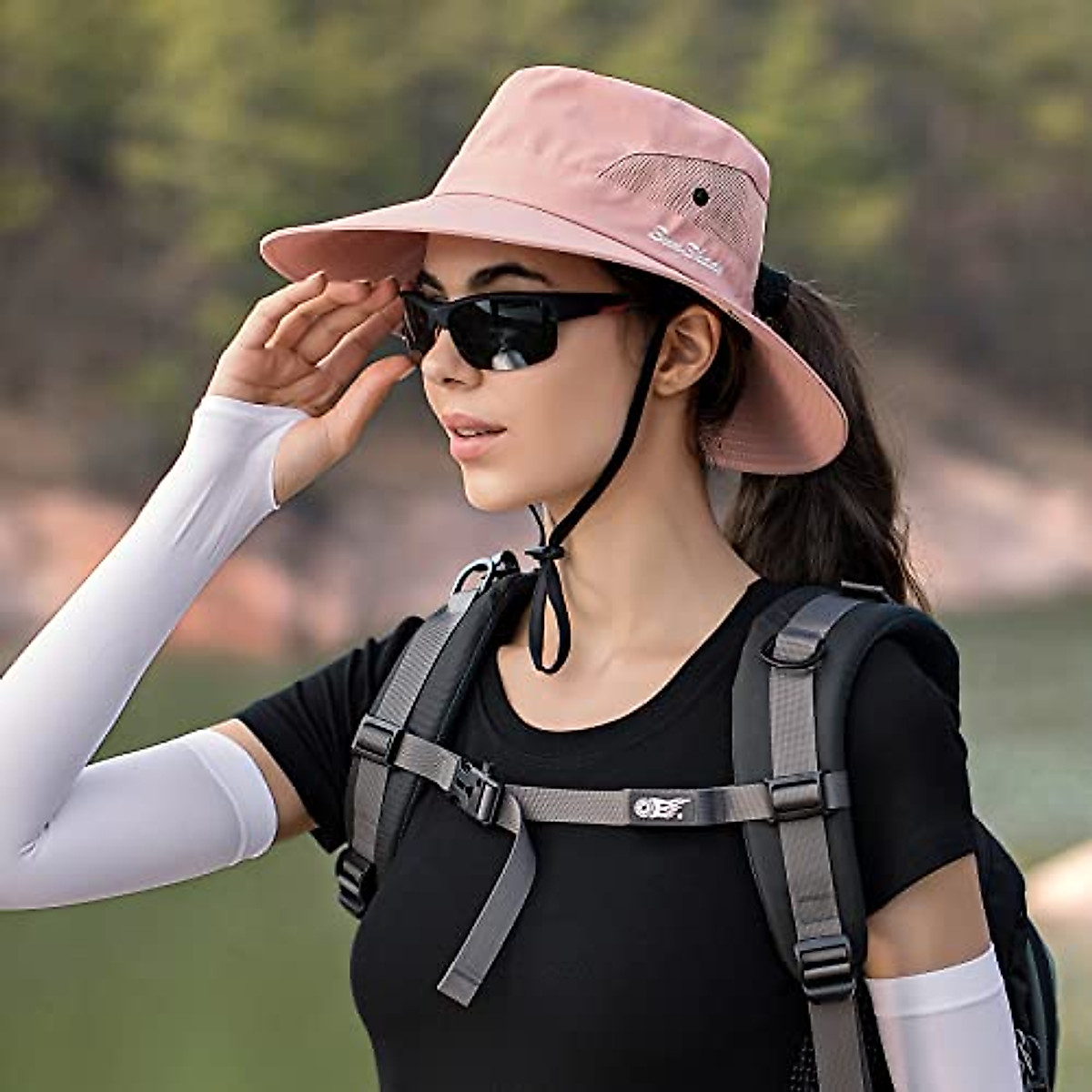 NPJY 2 Packs Ponytail Sun Hat for Women 3” Wide Brim UPF 50+ Fishing & Bucket & Beach Hats Pink/Grey+Watermelon (Ponytail Hole)