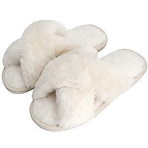 DOIOWN Women's Fuzzy Beige Slippers Memory Foam Cute House Slippers Plush Fluffy Furry Open Toe Home Shoes Bridal Bridesmaid Gifts for Wedding (Size 9-10)