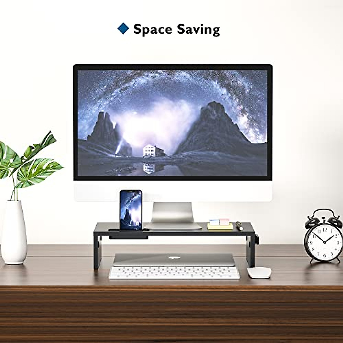 1home Monitor Stand Riser, 16.7 Inch Wood Monitor Riser Stand with Storage Organizer, Desktop Ergonomic Monitor Stand Riser with Cellphone Holder and Cable Management, Black