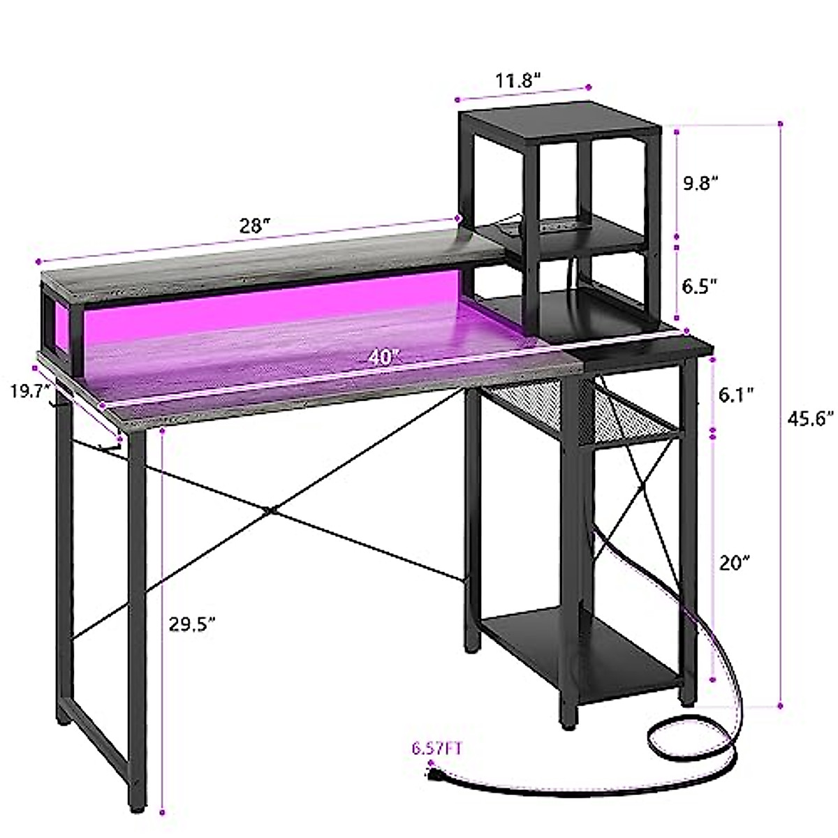 armocity 2023 Upgrade Gaming Desk with LED Lights, Small Computer Desk with Long Monitor Stand, 40'' Reversible Laptop Table with Storage Shelves, Small Desk for Small Spaces, Gaming Room, Grey