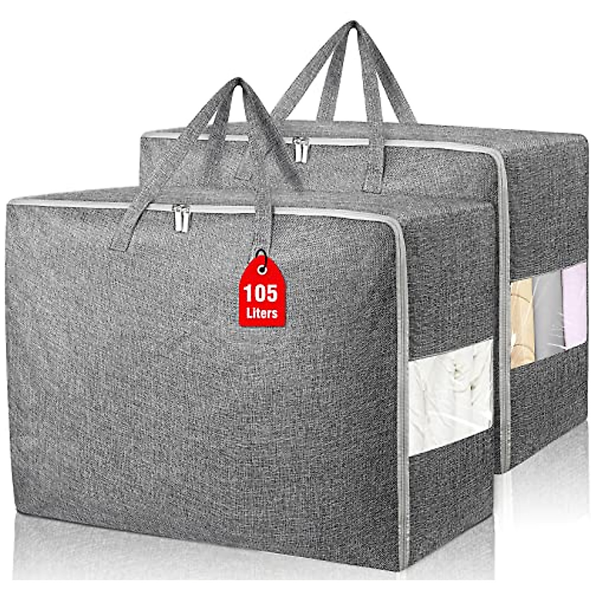 2Pack 105L Extra Large Storage Bags, Folding Moving Comforter Blanket Storage Bags Closet Organizers and Storage Containers for Clothes with Strong Handles&Zippers Clear Window for Bedding Pillow Grey