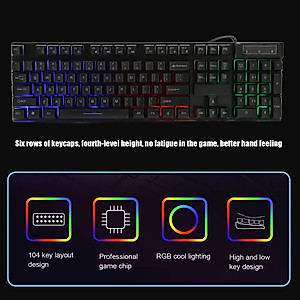 USB Gaming Keyboard, Quick Response Backlit Keyboard 104 Keys Wired One Piece Design High and Low Key Design RGB Lighting Effect for Gaming for Office for Home(H600 black characters-single keyboard)