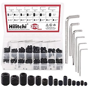 Hilitchi 370Pcs Socket Set Screw Assortment in SAE Sizes Internal Hex Drive Cup Point Allen Grub Screws 12.9 Class Black Alloy Steel (15Sizes)
