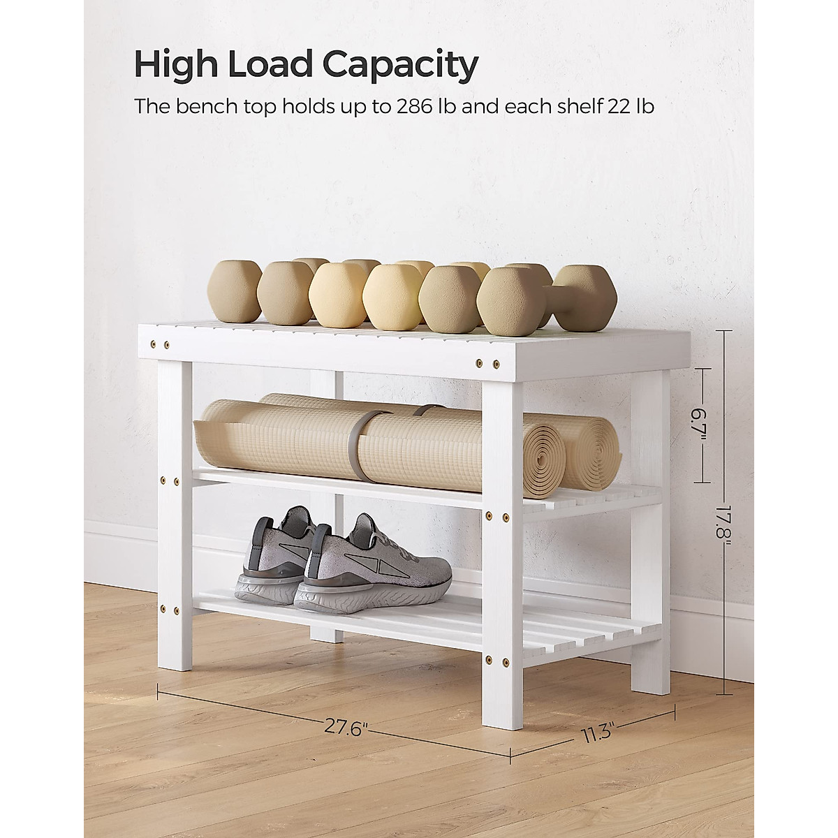 SONGMICS Shoe Rack Bench, 3-Tier Bamboo Shoe Storage Organizer, Entryway Bench, Holds Up to 286 lb, 11.3 x 27.6 x 17.8 Inches, for Entryway Bathroom Bedroom, White ULBS004W01