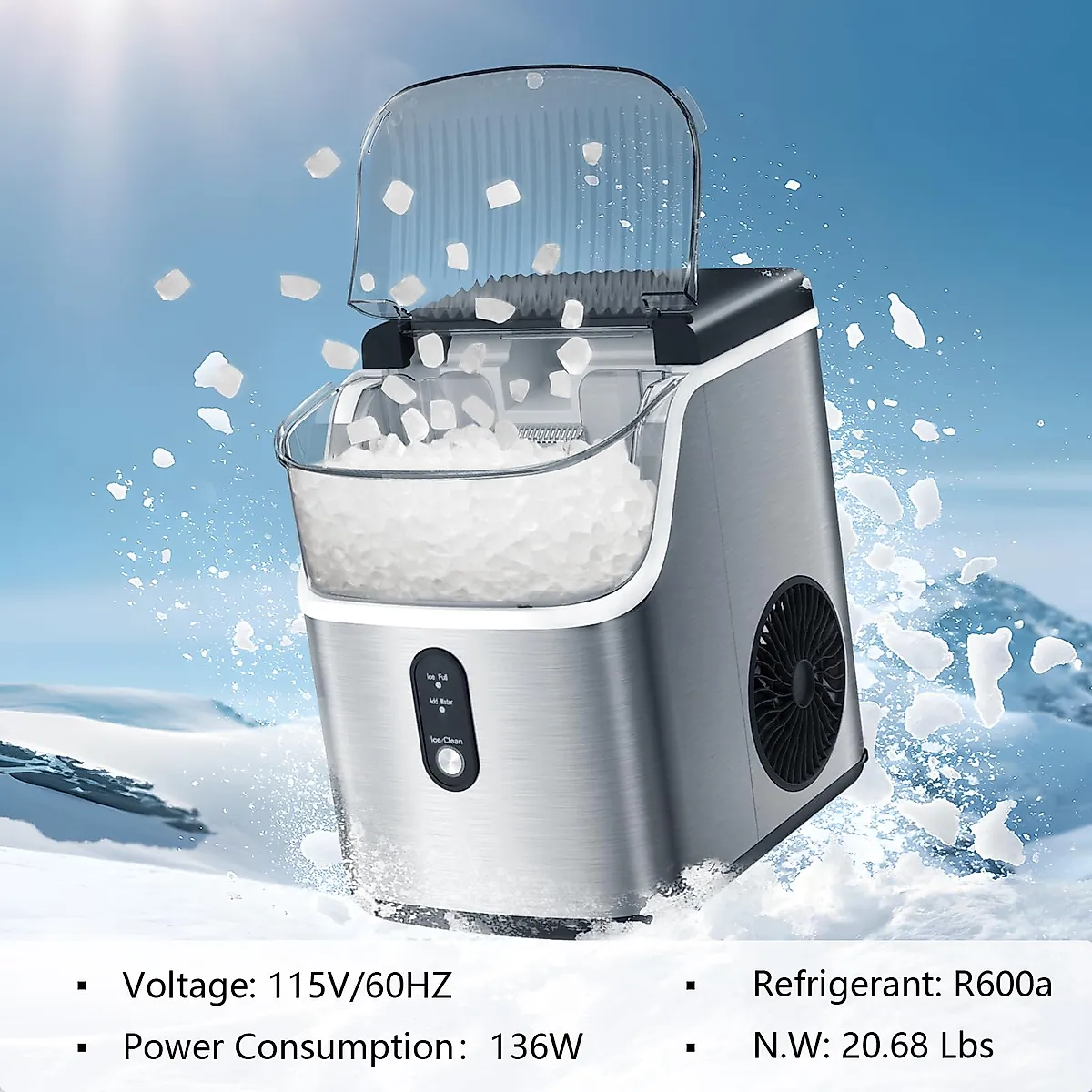 Antarctic Star Nugget Ice Maker with Soft Chewable Pellet Ice, Pebble Portable Countertop Ice Machine, 36Lbs/24H, Automatic Cleaning, Sonic Ice, One-Click Operation, for Kitchen Stainless Steel Silver
