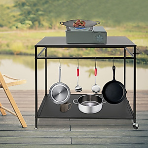 NATICRISI Double-Shelf Movable Outdoor Dining Cart Table,Outdoor Grill Cart Movable Cooking Table Grill Tables for Outside 33.46" L×19.49" W Black