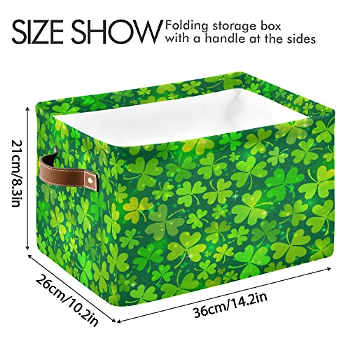 Green Clover St Patricks Day Storage Basket Trefoils Leaves Storage Organizer Box Bin Large Collapsible Cube Baskets with PU Handles for Shelf Closet Nursery Laundry 1 Pack