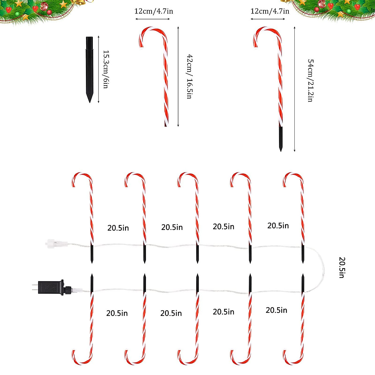 Christmas Candy Cane Pathway Markers Lights, 21.2" Christmas Holiday Outdoor Decorations Lights, Xmas Stakes Lights with 8 Blinking Modes Waterproof, Set of 10 Connectable for Garden Yard Patio Lawn