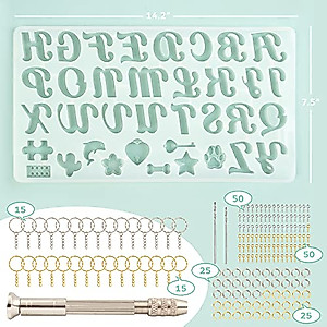 Mocoosy 182Pcs Reversed Silicone Alphabet Resin Molds Kit, Fancy Letter & Ornament Molds Epoxy Resin Casting Molds Resin Keychain Making Set with 1 Hand Drill 2 Drill Bits 30 Key Rings 100 Screw Pins