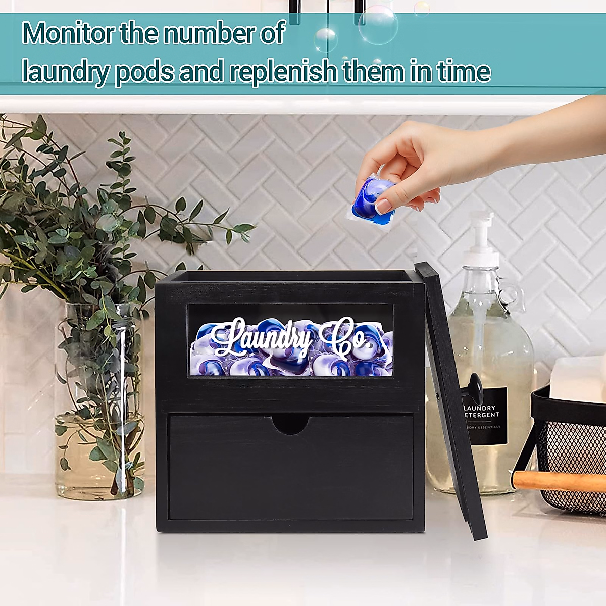 Dryer Sheet Holder with Drawer and Lid, Wood Dryer Sheet Dispenser and Laundry Pods Container for Laundry Room Organization and Storage, Laundry Pod Holder Wall Mount for Laundry Room Decor (Black)