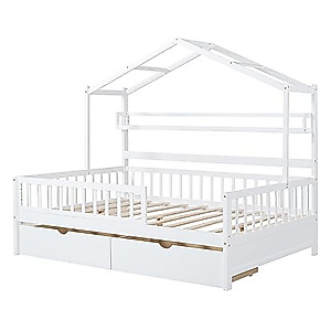 Kids House Bed with 2 Drawers and Shelf, Full Size House Bed Frame with Roof Design and Safety Guardrail, Montessori Bed for Girls Boys Bedroom Furniture, No Box Spring Needed (White + Wood-24)