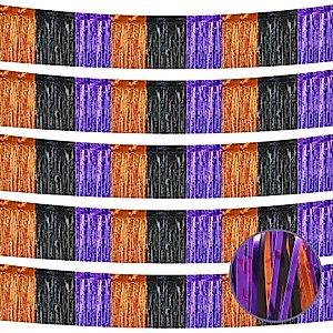 Ohiyoo 5 Pack 10 Feet Halloween Foil Fringe Garland Orange Black Purple Fringe Garland Metallic Tinsel Streamers Fringe Backdrop Banner for Halloween Parade Floats Halloween Party Decoration