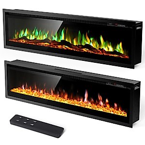 50" Electric Fireplace Inserts and Wall Mounts with Remote Controls 12 Realistic 3D Flame Colors, 750/1500 W Heater, Adjustable Temperature 62F to 82F, Low Noise, 8 Hour Timer, Log and Crystals