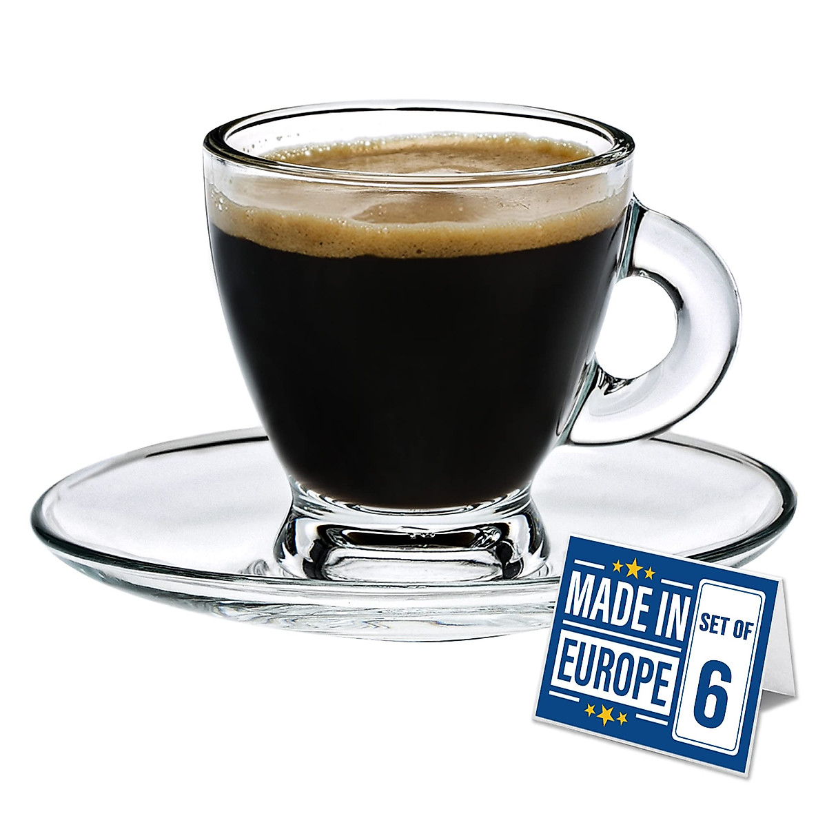 Volarium Espresso Cups with Saucers, Demitasse Clear Glass Drinkware, Set of 6 Cups and 6 Saucers for Turkish Coffee, Tea and Espresso Lover