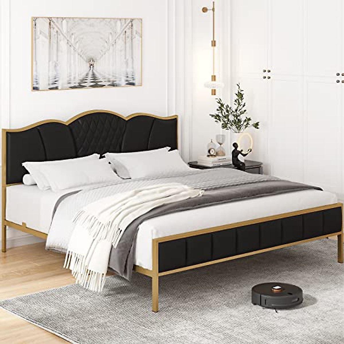 HITHOS King Size Bed Frame, Modern Upholstered PU Bed Frame with Tufted Headboard, Heavy Duty Platform Bed with Wood Slat Support, Noise Free, No Box Spring Needed (Black, King)