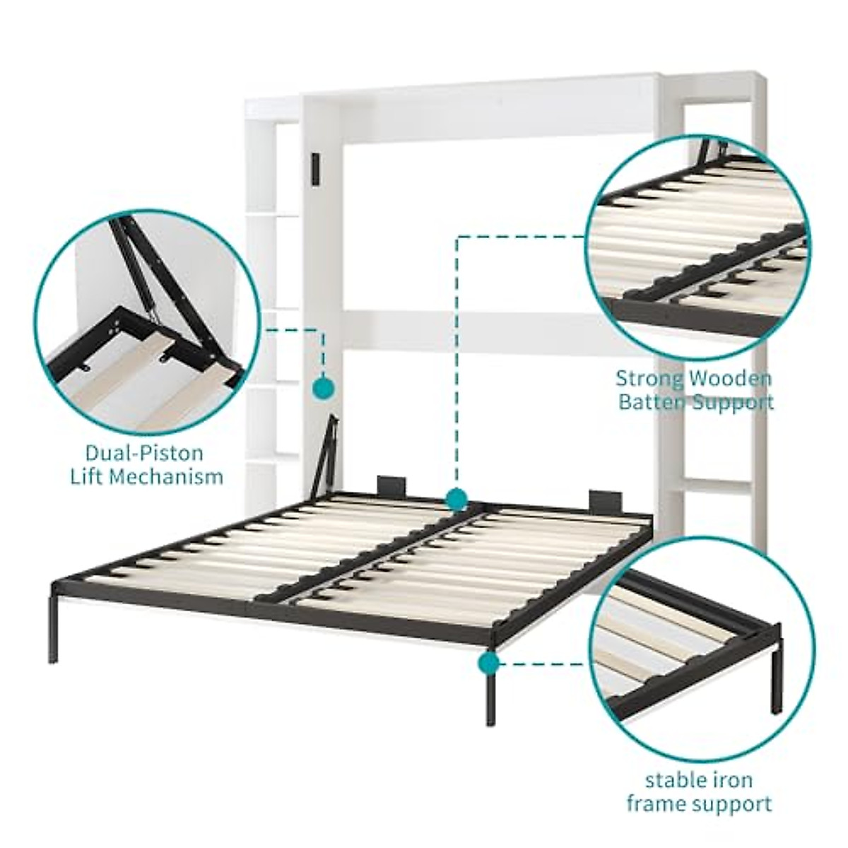 BALUS 97" W Murphy Bed with 2 Storage Cabinets, Queen Size Murphy Cube Cabinet Bed, Solid Wood Fold up Horizontal Murphy Wall Bed, Folding Bed Frame for Guest Room Bedroom Apartment - White