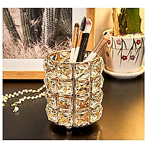 Luckymoo Crystal Beads Makeup Brush Holder Brush Pen Pencil Holder Pot Cup Pencil and Make Up Storage Cup, Round Luxurious Jewelry Rack (Golden)