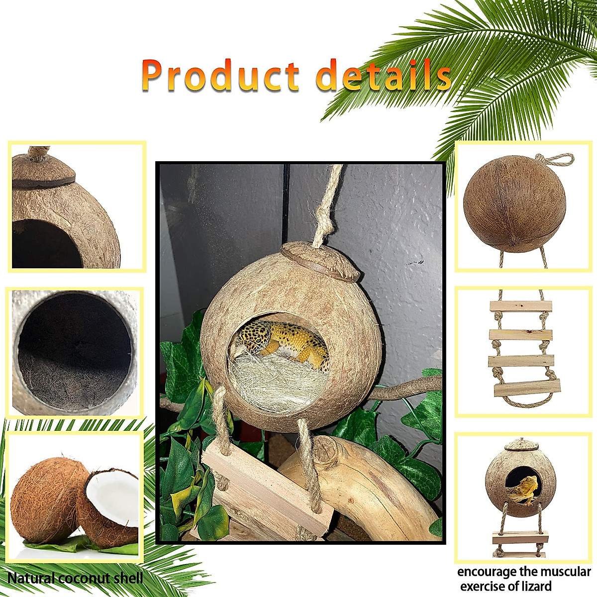 kathson Leopard Gecko Coconut Husk Hut Reptile Habitat Accessories Hideout Hole Climbing Ladder Bendable Hanging Plants Sleeping Hiding Breeding Apply to Amphibians and Small Animals