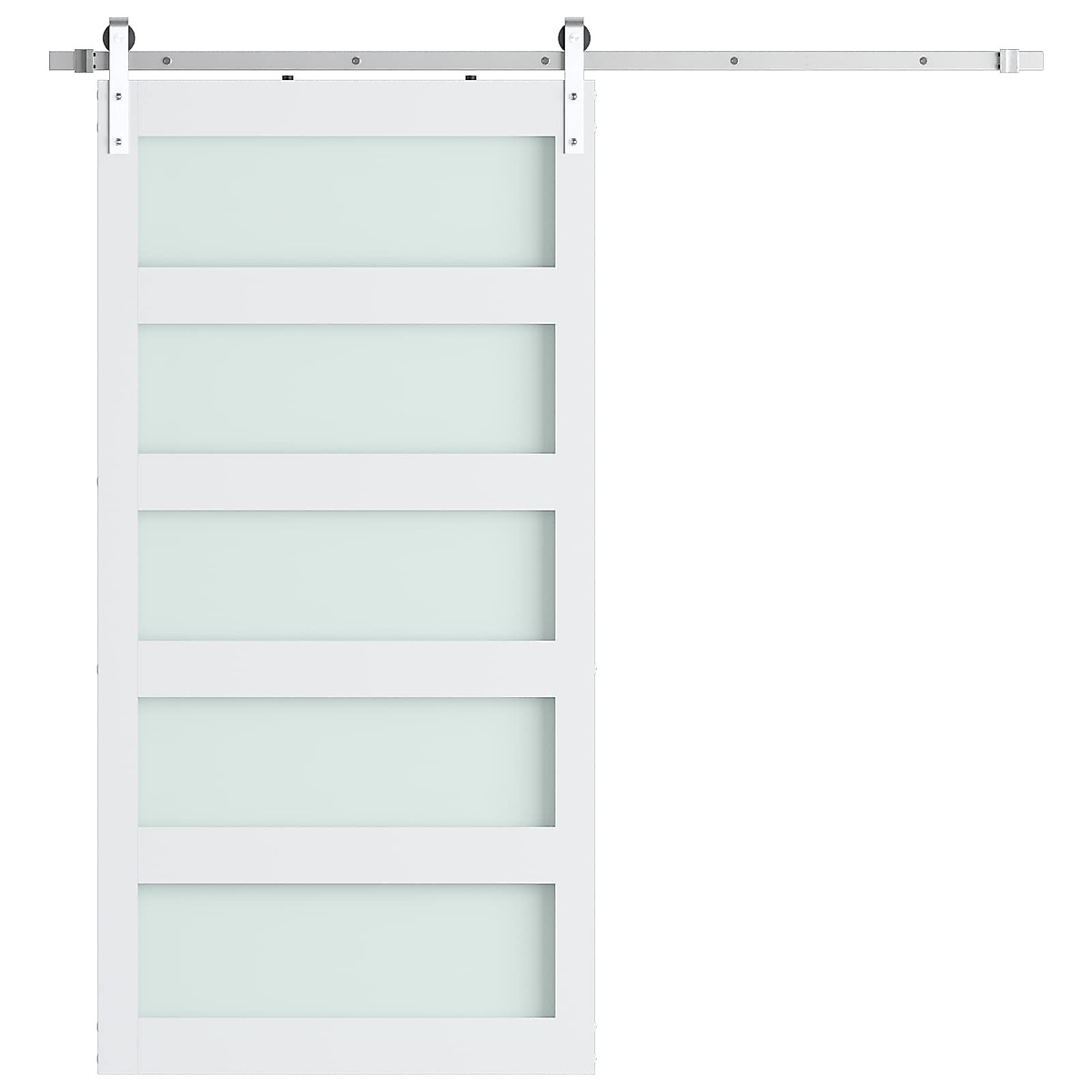 SmartStandard 42 x 84 inch Glass Barn Door with 7FT Brushed Nickel Sliding Hardware Track Kit, Waterproof PVC Coating, White, 5-Panel Glass