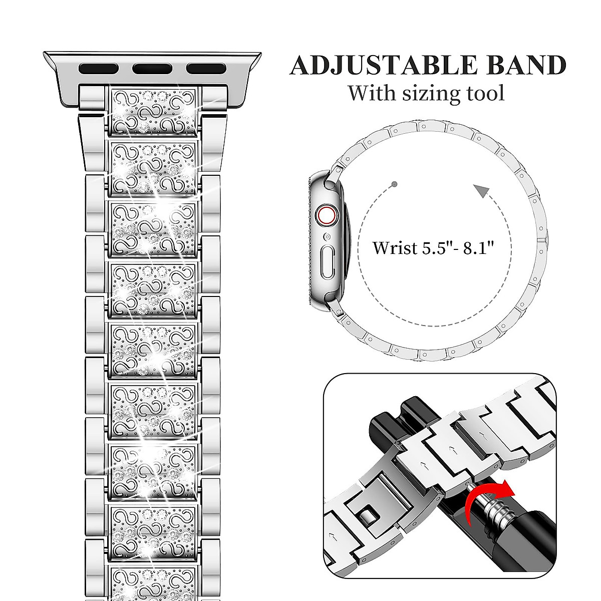 SUPOIX Compatible with Apple Watch Band 38mm + Case, Women Jewelry Bling Diamond Metal Strap & 2 Pack Protective Cover Cases for iWatch Series 3/2/1(Silver/38mm)