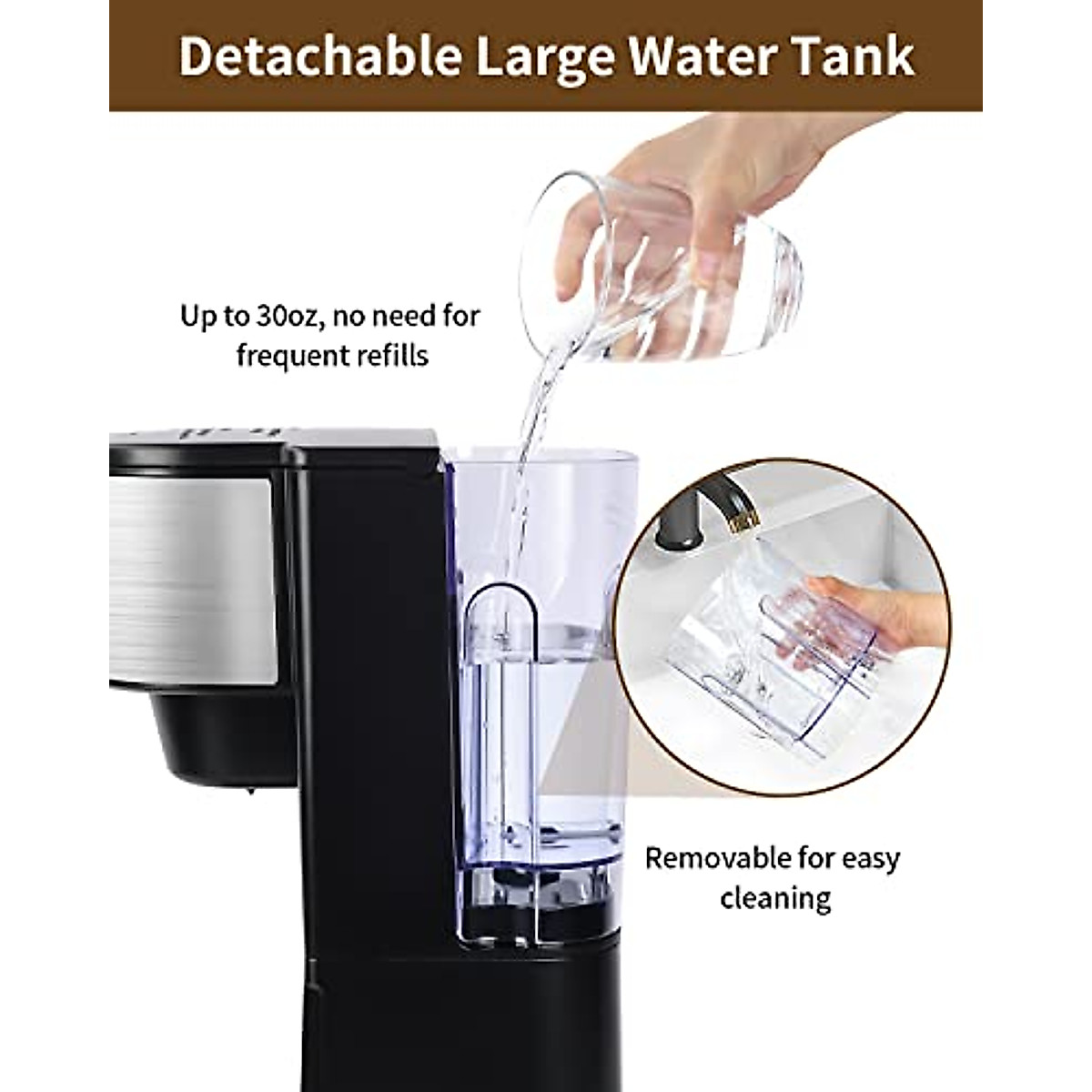 Single Serve Coffee Maker K Cup & Ground Coffee, One Cup Brews 6-14 Oz in 2 Mins, Fits Travel Mugs, with 30 Oz Removable Water Tank, Reuseable Filter, Black