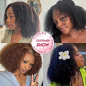 Kiqibeauty V Part Wig Human Hair For Black Women Upgrade U Part Wig Human Hair Kinky Curly Wig 100% Virgin Hair Glueless Wear and Go Wig Minimal Leave Out 200% Density (Kinky Curly, 16 Inch)