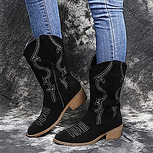 White Cowboy Boots Women Sparkly Retro Zipper Square Heel Middle Round Toe Shoes High Heel Cowgirl Boots Low Heel Pointed Toe Outdoor Boots Women