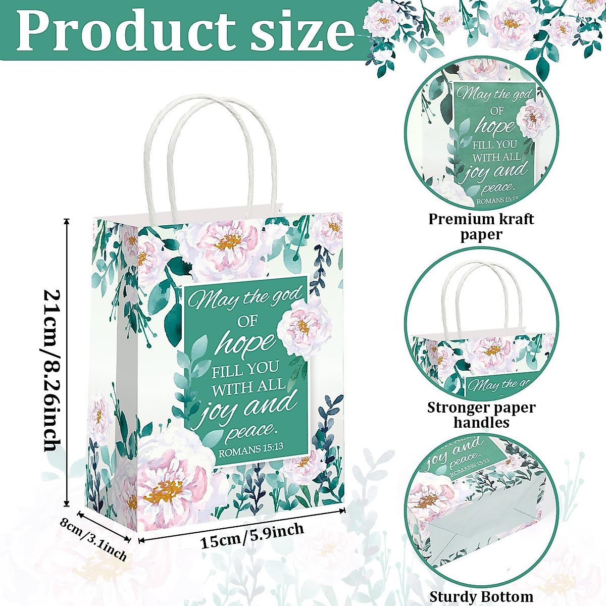 24 Pcs Religious Gift Bags Bible Gift Paper Bags with 24 Tissues Bible Verse Paper Bags with Handles Inspirational Flower Christian Gift Bags for Girls Birthday Wedding Party Baptism Spring Favors