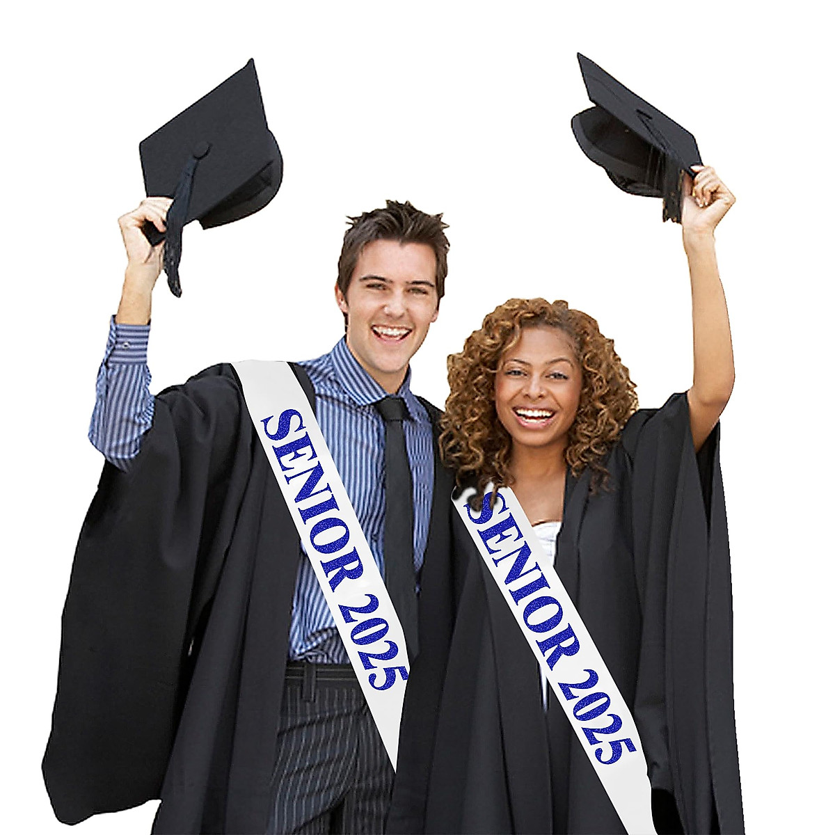 White Senior 2025 Satin Sash with Blue Glitter Letters- 2025 Graduation Sash - Finally Graduated - Senior Cheer Sash - Cheerleader Sash - Competition Sash