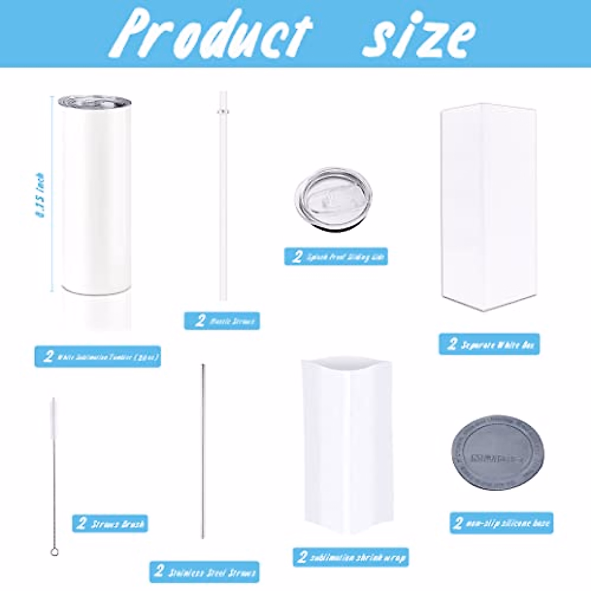 VACVOU 2 Pack Sublimation Tumblers 20 oz Skinny Straight, Double Wall Insulated Stainless Steel Sublimation Tumblers Cups with Lid and Straws Sublimation Blank Tumbler for DIY Gift