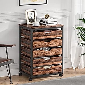 Tribesigns 5 Drawer Chest, Wood Storage Dresser Cabinet with Wheels, Industrial Storage Drawer Organizer Cart for Office Bedroom Entryway (Rustic Brown, 1 PC)