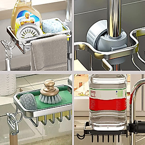 SIMCAS Sponge Holder, 2023 Upgraded NeverRust Sponge Holder for Kitchen Sink Caddy Organizer, Brush, Dishcloth, Over the Sink Faucet Sponge Holder Drain Rack for Kitchen & RV Accessory, Hooks, Silver