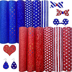 Shalun Independence Day Faux Leather Sheets 8x12inch Sparkle Shiny Red Blue with White Stars Stripes American Flag Patriotic Pattern 4th July Chunky Glitter PU Canvas Fabric