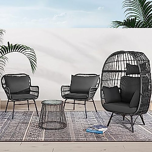 NICESOUL® 3 Seats Outdoor Chair Set Round Table Oversized Stationary Egg Chair Boho Style Handwoven PE Wicker Patio Conversation Large Egg Backyard Pool Grey Wicker 4 Pieces Set