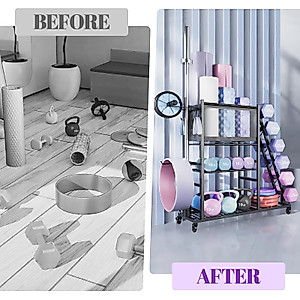 Mythinglogic Dumbbell Rack for Home Gym, Weight Rack for Dumbbells Hold up to 420 Pounds, Multifunctional Yoga Mat Holder for Barbell plates and Kettlebells, Home Gym Storage Rack Made of Steel