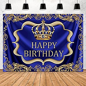 Aperturee Royal Blue and Gold Happy Birthday Backdrop 7x5ft Little Baby Boy Prince King Crown Photography Background Celebration Party Decoration Supplies Cake Table Banner Photo Booth Prop
