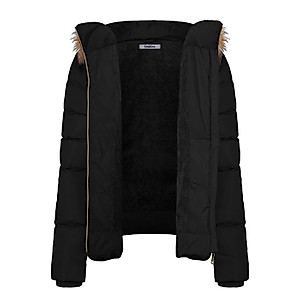 BodiLove Thickened Winter Puffer Jacket with Removable Faux Fur Hood Fleece Lining Black