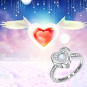 925 Sterling Silver Lab Opal Heart Urn Ring for Ashes Angel Wings Cremation Jewelry Memorial Keepsake Rings for Women Girls Size 7