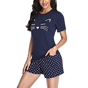 EISHOPEER Women's Pajama Set Cat Print Tops and Polka Dot Pants Shorts Pjs Sets Navy Blue M