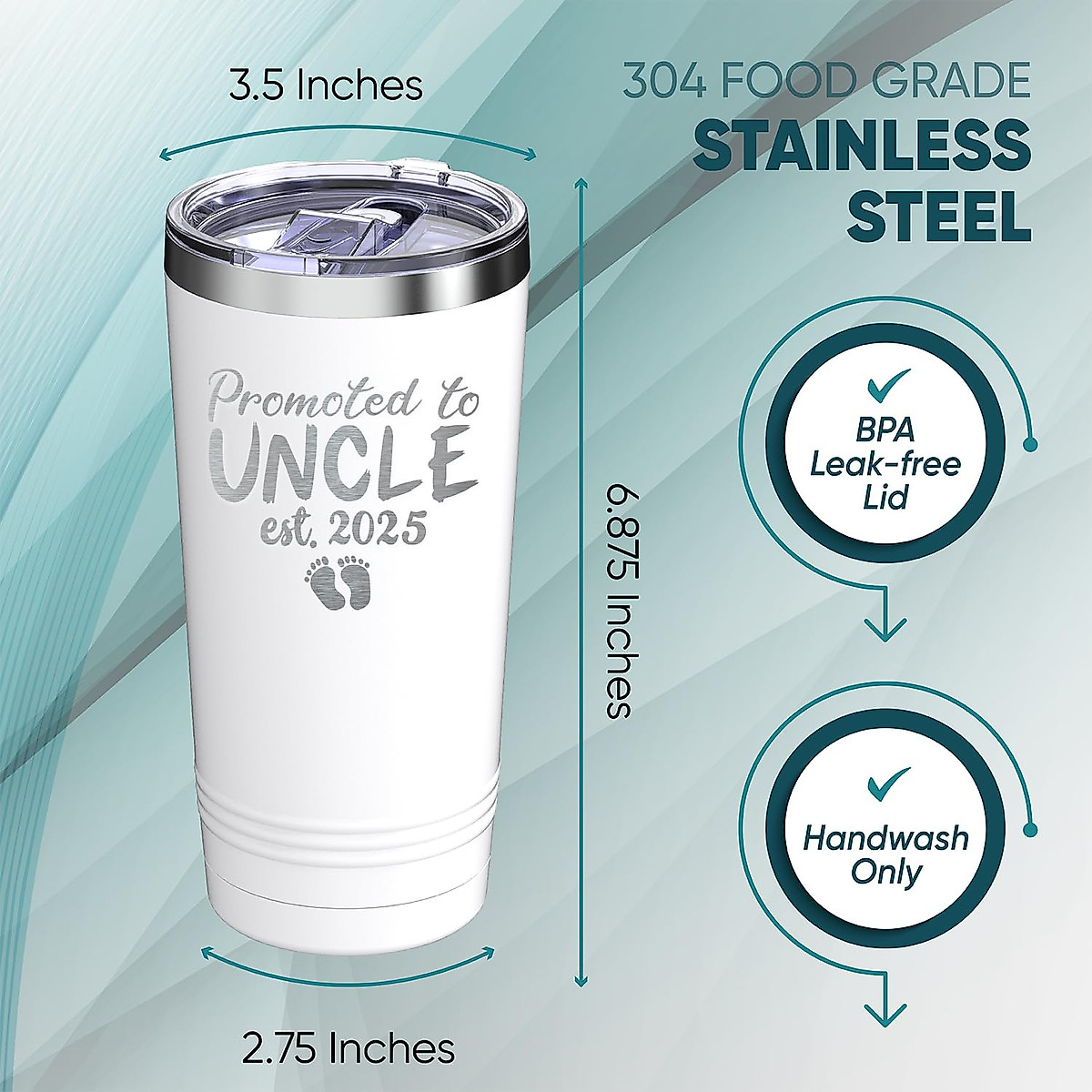 shop4ever Promoted to Uncle Est. 2025 Tumbler Insulated Tumbler 20 oz. with Lid, Stainless Steel Cups Travel Coffee Mug New Uncle Baby Announcement Gift (White)
