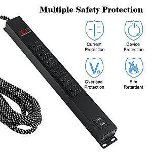 6 Outlet Surge Protector, Metal Power Board with USB Port, Wall Mount Power Board, 8 ft. Braided Extension Cord, 15A 125V 1875W…