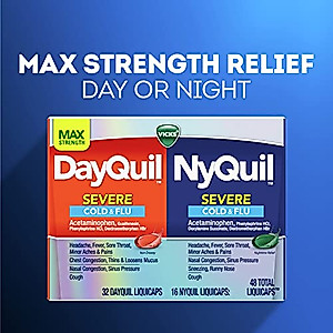 Vicks DayQuil and NyQuil Severe Cough, Cold & Flu Relief, 48 LiquiCaps (32 DayQuil & 16 NyQuil) - Relieves Sore Throat, Fever, and Congestion, Day or Night, 48 Count
