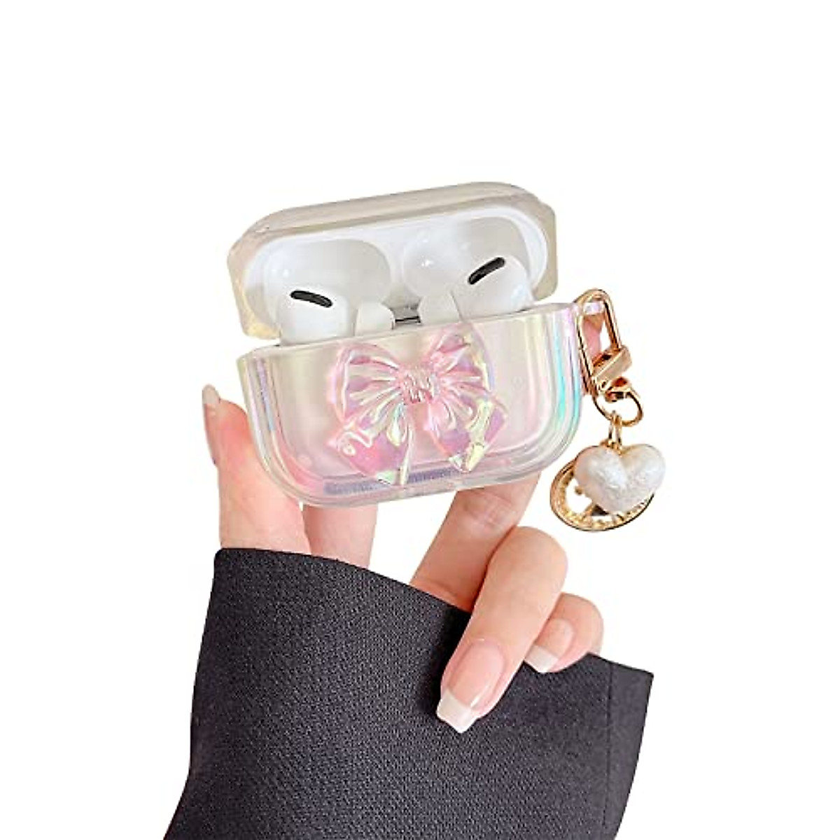 Ownest Compatible with AirPods Case Cute Clear Gradual Laser Bow Pattern Girls Woman Soft Silicone Shockproof Love Heart Keychain Design Cover for AirPods Pro-Transparent