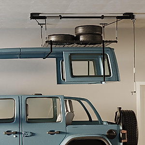 FLEXIMOUNTS GL1 Overhead Garage Lifting Storage Rack, 4x4 Ft Heavy-Duty Metal Garage Ceiling Rack, Adjustable Organization System, 300lbs Weight, Black