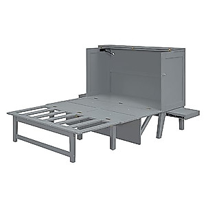 Harper & Bright Designs Full Size Murphy Bed with USB Port, Wooden Full Bed Frame with 2 Removable Desk, Foldable Cube Cabinet Full Platform Bed, Modern Murphy Bed for Guest Room Home Office, Gray