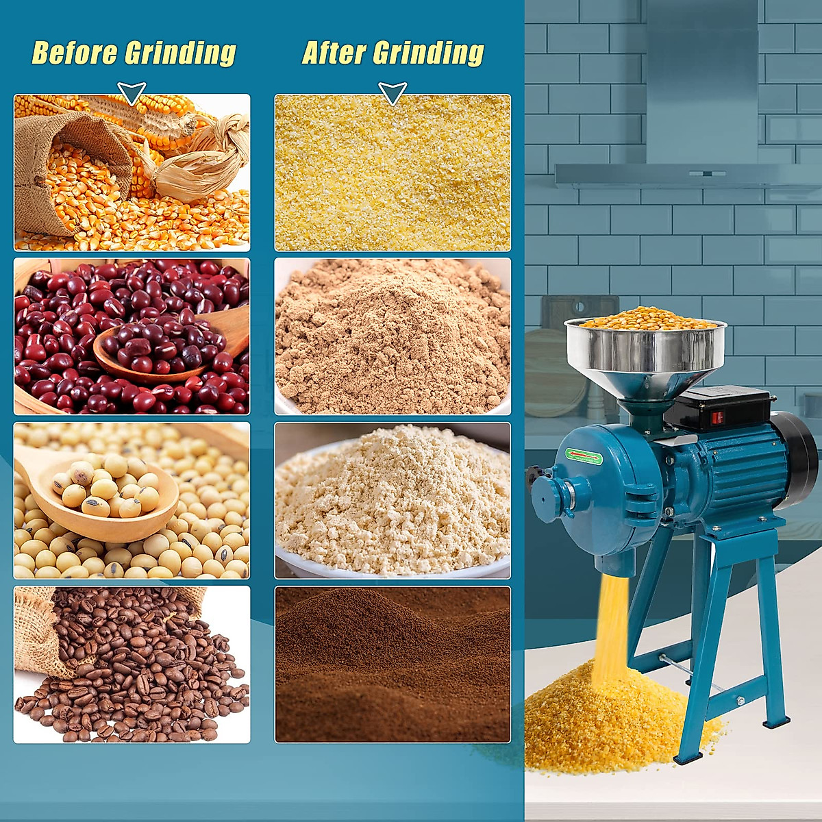 Grain Mills, 3000W Wet Dry Cereals Grinder Electric Grain Grinder Corn Mill Heavy Duty 110V Commercial Grain Grinder Machine Rice Corn Grain Coffee Wheat Feed Mill Flour Mill with Funnel