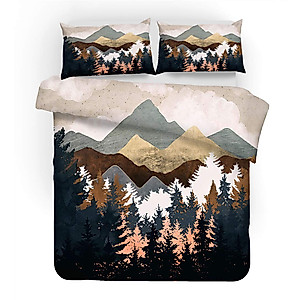 REALIN Hawthorn Bedding 3D Duvet Cover Set Japan Forest Mountain River Bed Sets 2/3/4PCS Quilt Covers/Sheets/Pillow Shams,Twin/Full/Queen/King (Twin-172x218cm-3PCS,E)