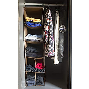 Amelitory 5 Shelf Hanging Closet Organizer Sturdy Fabric Foldable Clothes Hanging Shelves Storage Sweaters Shoes Organizer Coffee