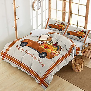 Autumn Orange Truck Queen Duvet Covers Farm Car Thanksgiving Turkey Pumpkins 3-Piece Bedding Sets Luxury Soft Microfiber Bed Comforter Protector with Pillow Cases for Women Men Girl Boy Orange Line