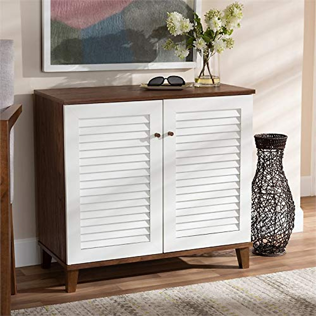 BOWERY HILL Modern 2 Doors Shoe Cabinet, 12 Pairs Shoe Rack Storage Organizer in White and Walnut Finish